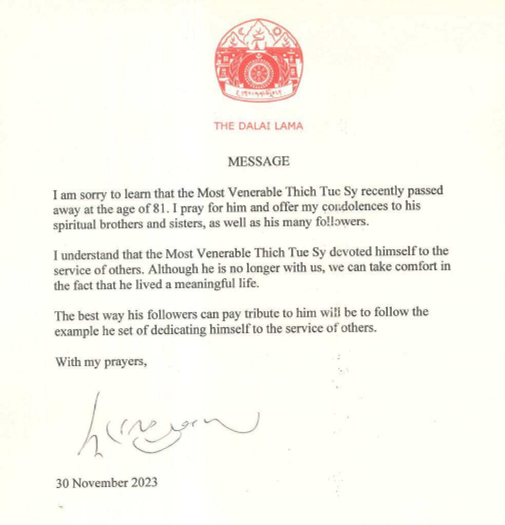 Condolence message from Dalai Lama on November 30, 2023