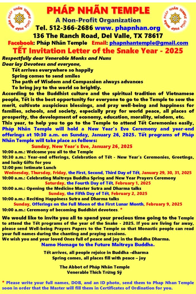Tết Invitation Letter of the Year of the Snake – 2025 Pháp Nhãn Temple